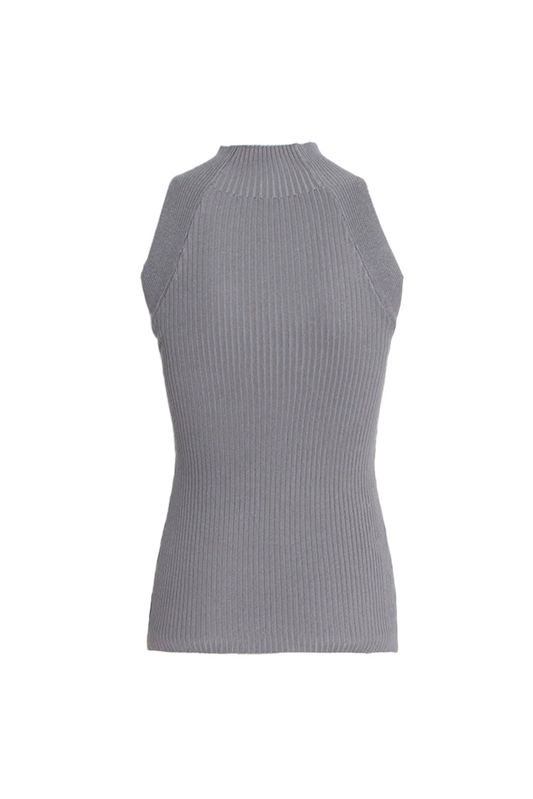 Layered Rib Knit Tank Top with Mock Neck, Twist Cutout, and Front Spli ...